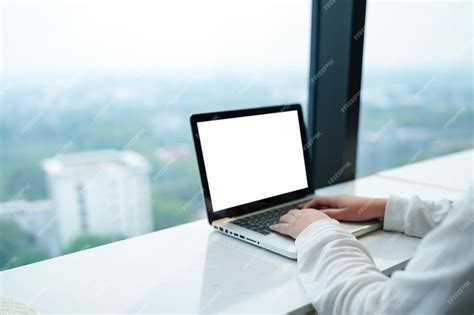 Premium Photo Woman Working By Using Laptop Blank Screen Computer Hands Typing On A