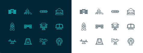 모래 어린이를 위한 그네 자동차 비행기 놀이터 다리 교육 논리 게임 스웨덴 벽 및 슬라이드 놀이터 아이콘으로 라인 샌드박스를 설정합니다 벡터 0명에 대한 스톡 벡터 아트 및