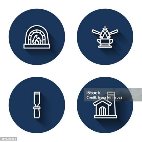 세트 라인 대장장이 오븐 모루와 망치 Rasp 금속 파일 및 긴 그림자가 있는 대장간 작업장 인테리어 파란색 원 버튼 벡터 강철에 대한 스톡 벡터 아트 및 기타 이미지