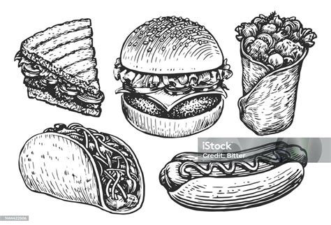패스트 푸드 세트 스케치 버거 핫도그 부리 토 샌드위치 타코 길거리 음식 테이크 아웃 개념 벡터 일러스트 레이 션 가공육에 대한 스톡 벡터 아트 및 기타 이미지 Istock