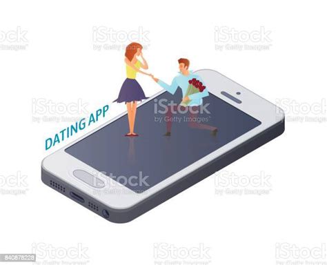 모바일 데이트 App 개념입니다 젊은 부부 남자 및 여자 스마트폰 화면에 날짜에 꽃을 가진 남자 여자 결혼의 제안을 합니다 벡터 그림 흰색 절연입니다 2명에 대한 스톡 벡터