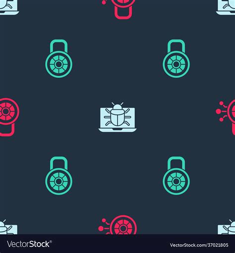 Set Cyber Security System Bug On Monitor And Safe Vector Image