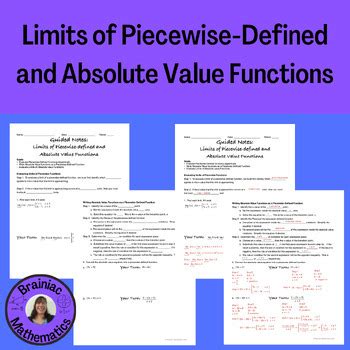 Limits Of Piecewise Defined And Absolute Value Functions Guided Notes