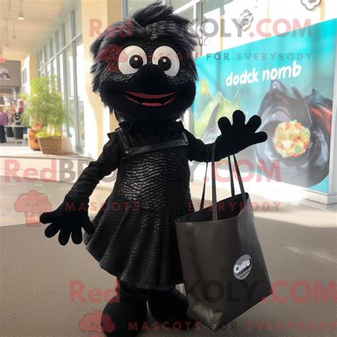 Black Cod Mascot Costume Character Dressed With A Midi Dress And Tote Bags Mascot Costumes