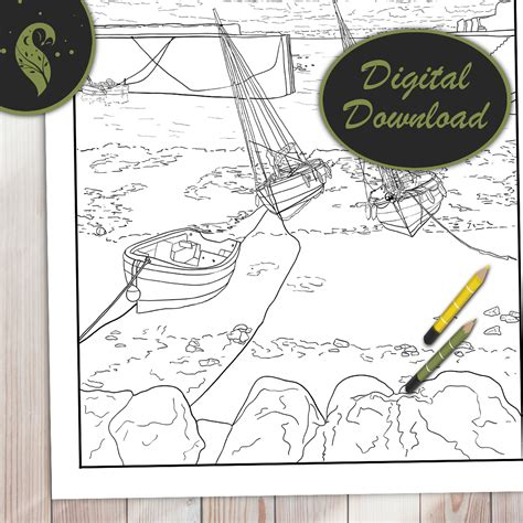 Printable Boat Colouring Page For Adults Cornwall Harbour Colour Sheet Seascape Adult Beach