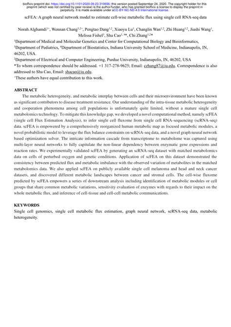PDF ScFEA A Graph Neural Network Model To Estimate Cell Wise Metabolic Flux Using Single Cell