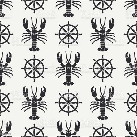 플랫 라인 벡터 원활한 패턴 랍스터 그리고 스티어링 휠 단순화 된 레트 로입니다 만화 스타일입니다 암입니다 오마르입니다 해산물의 진미 포탄입니다 클 로입니다 바다입니다