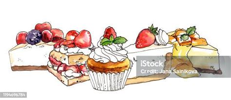 흰색 배경에 고립 된 달콤한 디저트 치즈 케이크와 컵 케이크 그림을 그린 수채화 손 빵과자류에 대한 스톡 벡터 아트 및 기타 이미지 빵과자류 케이크 휘핑 크림