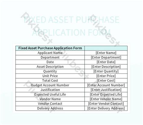 Fixed Asset Purchase Application Form Excel Template Free Download Pikbest