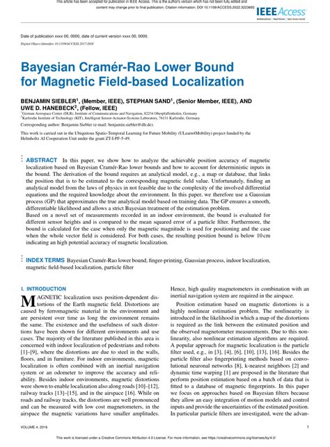 Pdf Bayesian Cramér Rao Lower Bound For Magnetic Field Based Localization