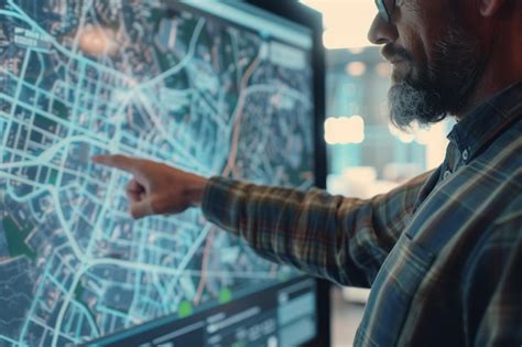 A Man Points At An Interactive Map On A Large Screen Likely Analyzing Geographic Data In A
