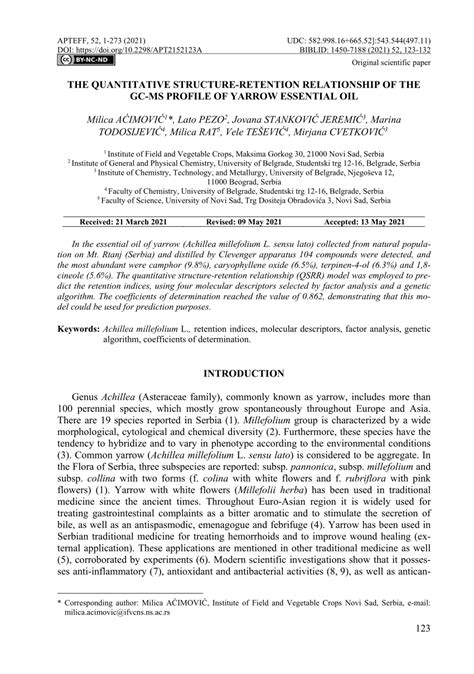 Pdf The Quantitative Structure Retention Relationship Of The Gc Ms Profile Of Yarrow Essential Oil