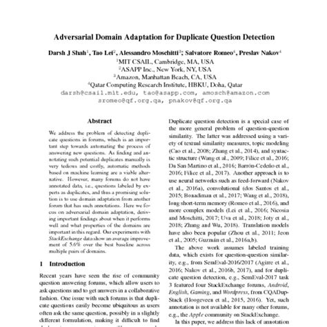 adversarial domain adaptation for duplicate question detection acl