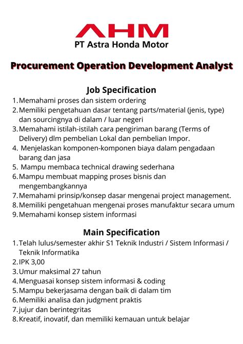 Procurement Operation Development Analyst Pt Astra Honda Motor Scu