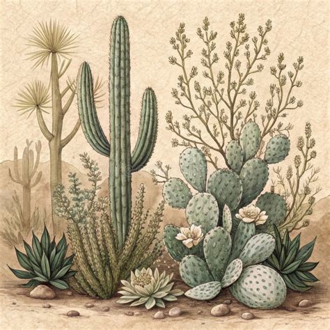 Botanical Desert Flora Illustration With Labeled Cactus Varieties On Textured Tan Background