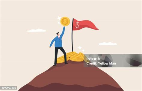 금융 및 투자의 성공 비즈니스 또는 회사 성장 투자로 인한 이익 목표를 달성하는 비즈니스 리더 산 꼭대기에 서있는 사업가 개념에 대한 스톡 벡터 아트 및 기타 이미지