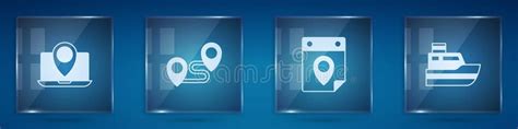 set laptop with location marker route travel planning calendar and