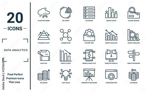 data analytics linear icon set includes thin line cloud network pyramid chart save file