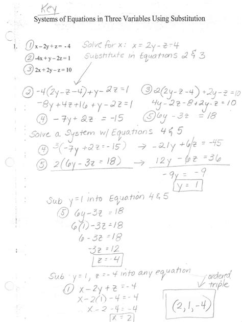 Systems Of Equations In 3 Variables Using Substitution Guided Notes Key