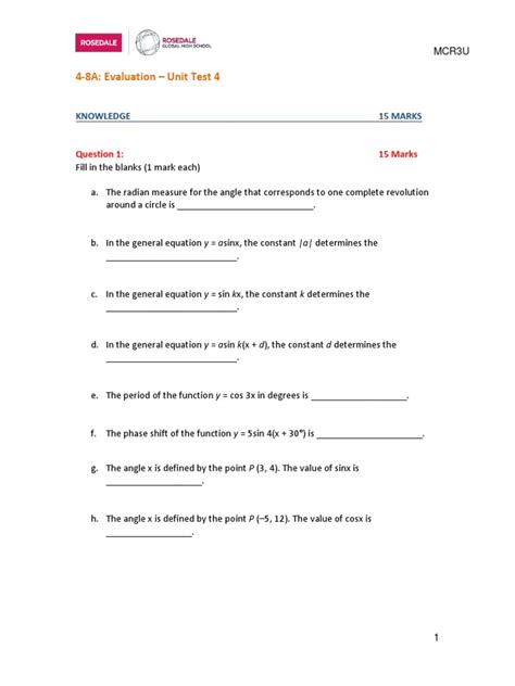 Mcr3u Unit 4 Practice Test Pdf Trigonometric Functions Mathematics