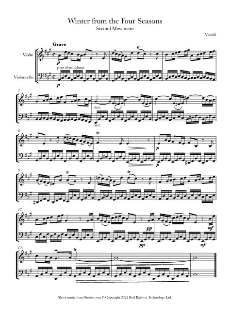 Vivaldi Winter From The Four Seasons 2nd Movement Sheet Music For