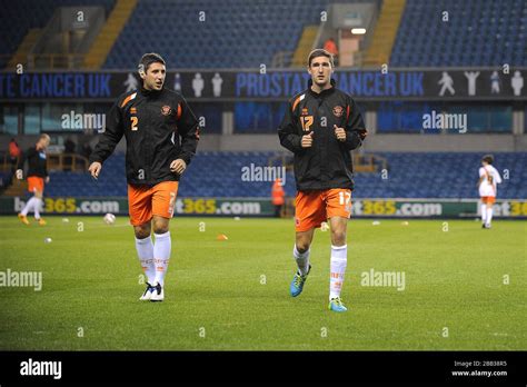 Blackpools Bradley Orr Left And Chris Basham During The Warm Up