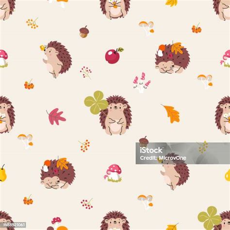 고슴도치 가을 이음새가 없는 패턴 가을 고슴도치 숲 만화 패브릭 프린트 버섯과 나뭇잎 아기 생물 요즘 벡터 텍스처 디자인 고슴도치에 대한 스톡 벡터 아트 및 기타 이미지