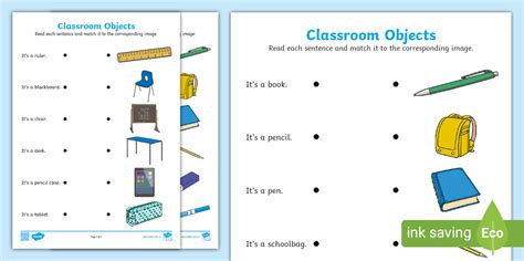 教室用品配對學習單Classroom Objects Matching Worksheet小三小四適用