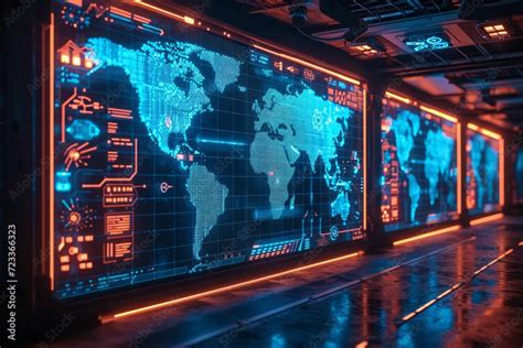 A Detailed Digital World Map Displayed In A Control Center For Global Cybersecurity Monitoring