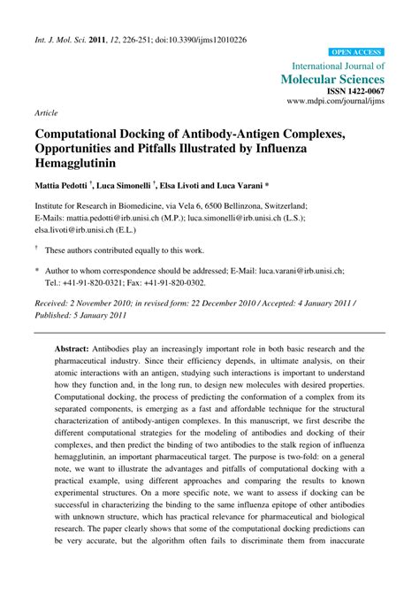 Pdf Computational Docking Of Antibody Antigen Complexes Opportunities And Pitfalls