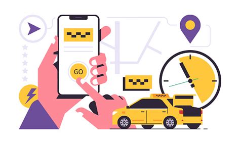 택시 주문 서비스 모바일 응용 프로그램 개념 디스플레이에 택시를 예약휴대전화를 들고 있는 손 도시 택시 서비스 노란색 자동차