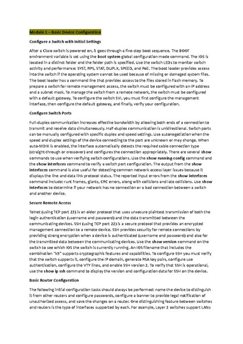 Ccna 2 Module 1 4 Summary Module 1 Basic Device Configuration Configure A Switch With