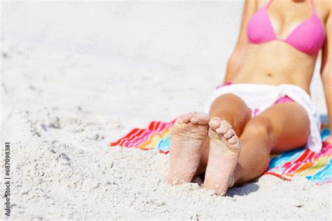 Woman Feet And Bikini At Beach Relax And Sand For Sunshine Summer