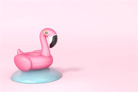 핑크 플라밍고 플로트 열대 조류 모양 풍선 수영장 링은 파스텔 핑크 배경 3d 렌더링과 물 방울에 떠있다 3d 일러스트 여름