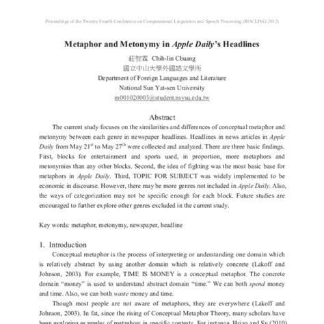 Metaphor And Metonymy In Apple Dailys Headlines Acl Anthology