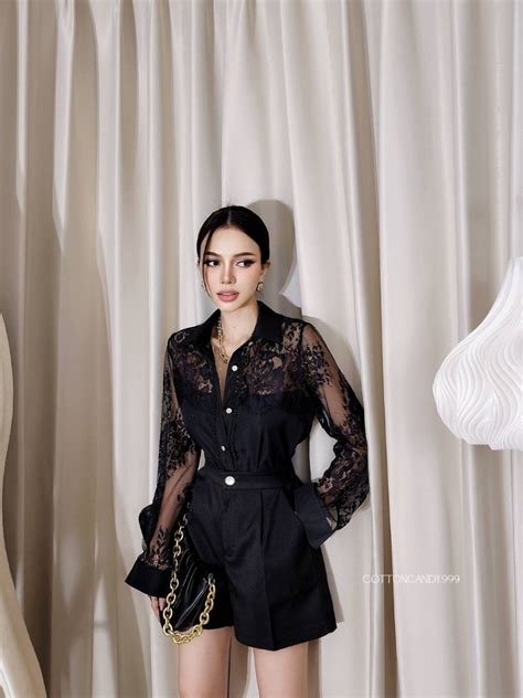 Jual Yuvie Set Korean Lace Transparant Blouse Shirt Shorts One Set Cotton Candy Import Bangkok