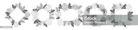 정글 프레임 세트 열대 나뭇잎 프레임입니다 몬스테라와 야자 잉크 손으로 그린 잎 초대 또는 카드에 대 한 라인 아트 벡터 일러스트 0명에 대한 스톡 벡터 아트 및 기타