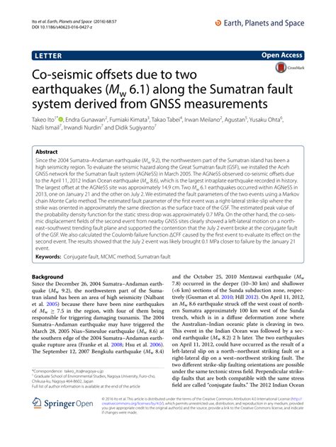 Pdf Co Seismic Offsets Due To Two Earthquakes M W 6 1 Along The Sumatran Fault System
