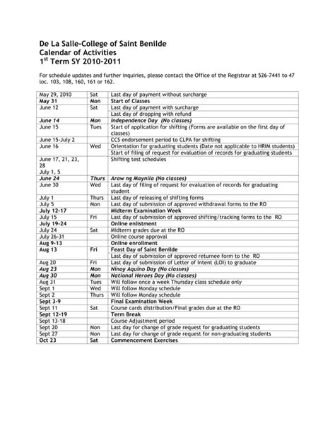 Dls Csb Calendar Of Activities Sy2010 2011 1st Term Pdf Graduation Personal Celebrations