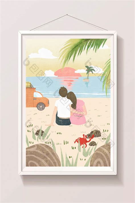 情侣假期海边看日出插画图片 包图网