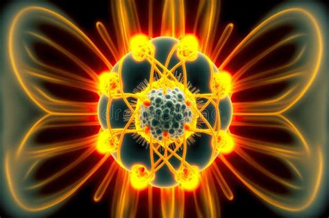 Atomic Particles Rotating On Bright Yellow Illuminated Model Atom Orbit Stock Illustration