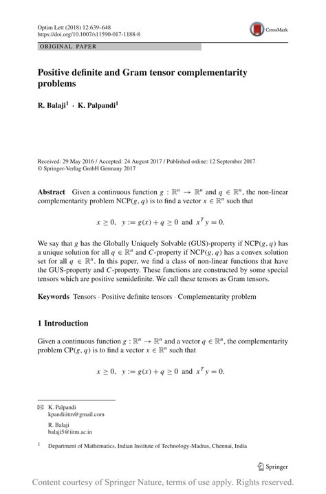 Positive Definite And Gram Tensor Complementarity Problems Request Pdf