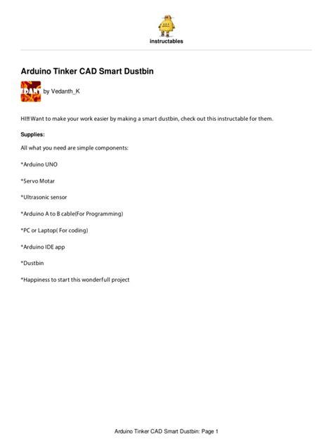 Arduino Tinker Cad Smart Dustbin Instructables Pdf