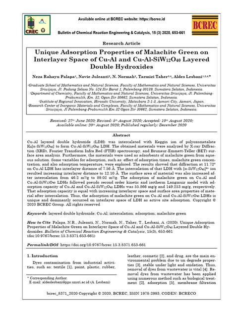 Unique Adsorption Properties Of Malachite Green On Interlayer Space Of Cu Al And Cu Al Siw12o40