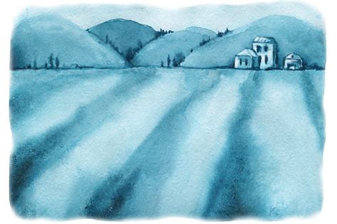 프로방스 컨트리 하우스 컨트리 부동산 산 야외 언덕 라벤더 필드 손으로 그린 흑백 수채화 일러스트 배경 배너 표지 엽서 결혼식을 위한 디자인 수채화에 대한 스톡 벡터 아트