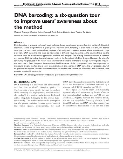 Pdf Dna Barcoding A Six Question Tour To Improve Users Awareness About The Method
