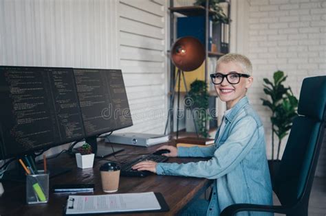 Young Professional Woman Coding On A Computer In A Stylish Home Office Stock Image Image Of