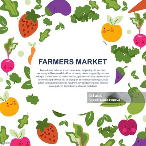 과일과 채소가 있는 농부 시장 포스터 신선한 채소와 천연 농장 유기농 무 또는 콜리플라워 와 브로콜리 양배추 호박 스쿼시 또는