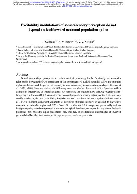 Pdf Excitability Modulations Of Somatosensory Perception Do Not