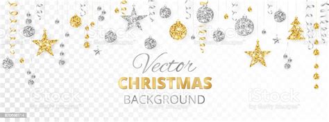 스파클링 크리스마스 반짝이 장식품 금색과 은색 축제 테두리입니다 볼과 리본 투명 한 배경에 고립에 매달려 함께 화 환 겨울에 대한 스톡 벡터 아트 및 기타 이미지 Istock